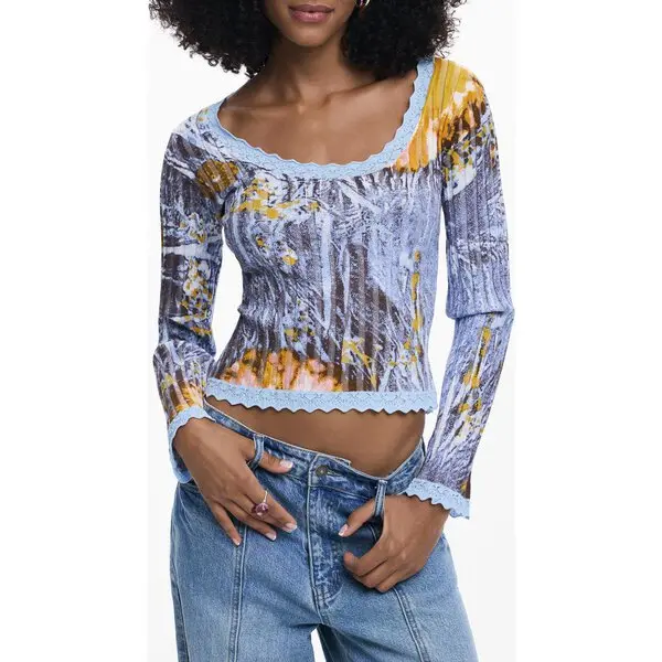 Desigual Abstract Print Rib Knit Top