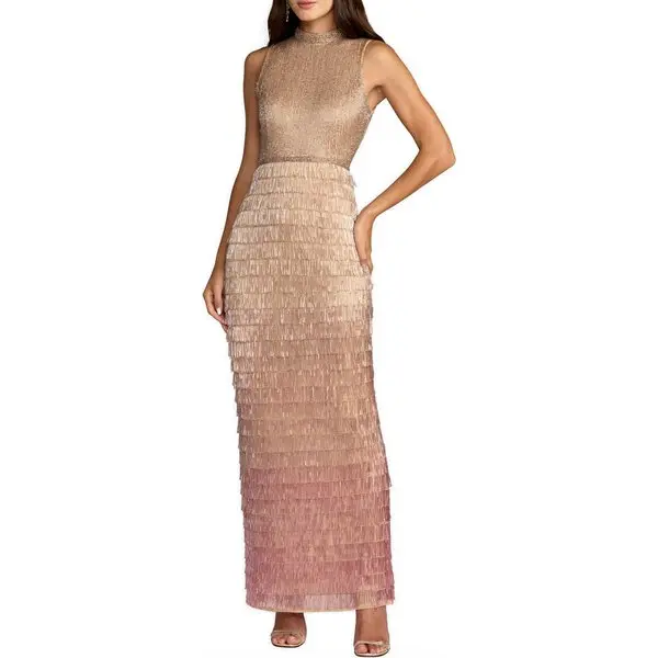 Mac Duggal Sleeveless Beaded Mock Neck Fringe Column Gown