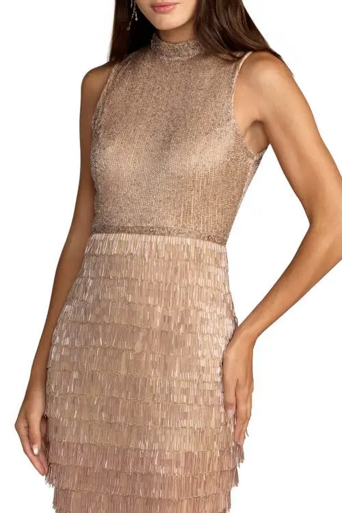 Mac Duggal Sleeveless Beaded Mock Neck Fringe Column Gown