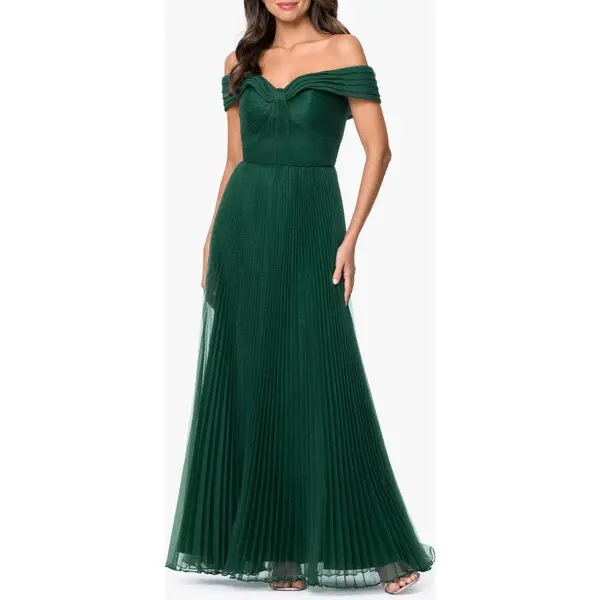 XSCAPE EVENINGS Off The Shoulder Pleated Organza Gown - Hunter