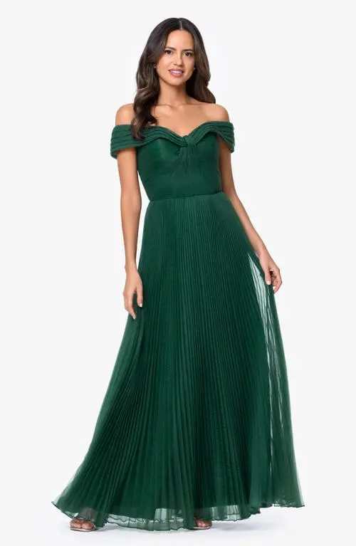 XSCAPE EVENINGS Off The Shoulder Pleated Organza Gown
