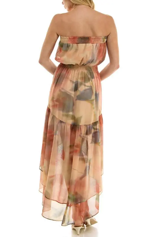 SOCIALITE Abstract Print Strapless High-low Tiered Midi Dress