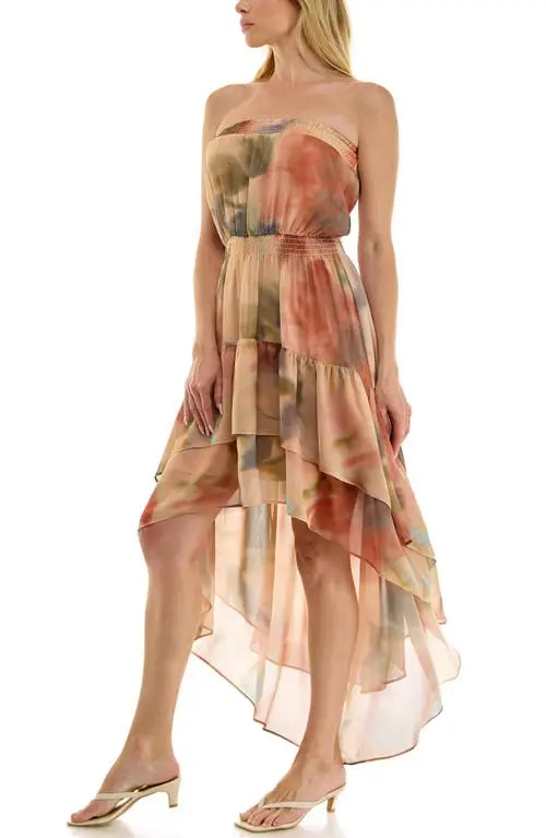 SOCIALITE Abstract Print Strapless High-low Tiered Midi Dress