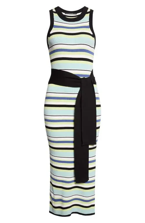 TOCCIN Sleeveless Striped Ribbed Midi Dress With Sash - Ocean/keylime Multi