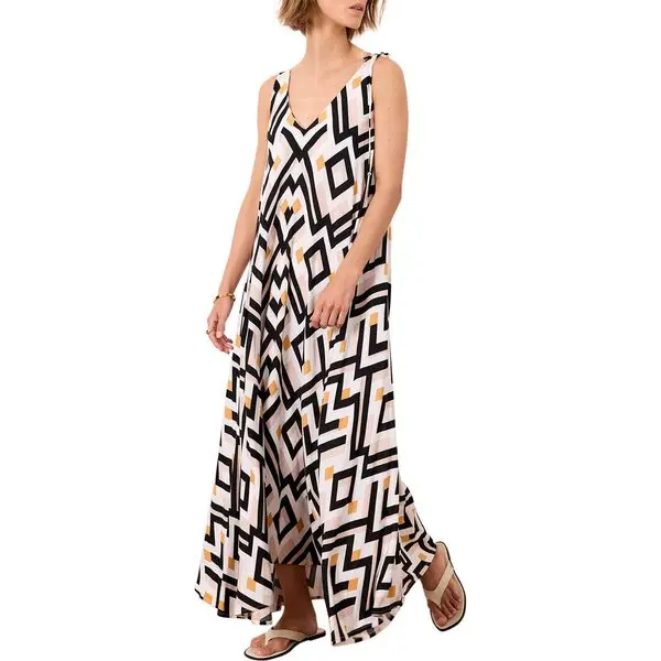 Mint Velvet Monaco Geo Print Maxi Dress With V-neckline And Tie Shoulders - Black