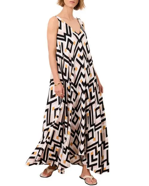Mint Velvet Monaco Geo Print Maxi Dress With V-neckline And Tie Shoulders