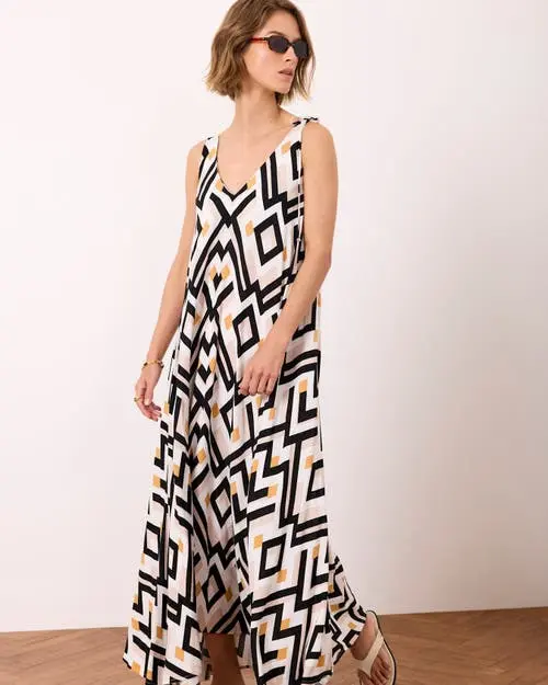 Mint Velvet Monaco Geo Print Maxi Dress With V-neckline And Tie Shoulders