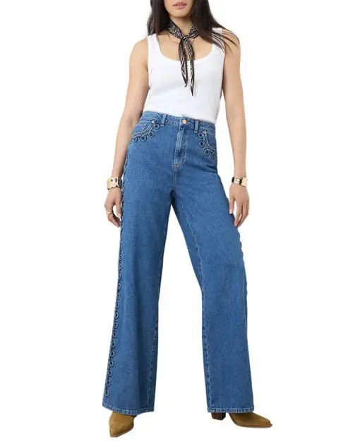 Mint Velvet Swirl Detail Wide Leg Jeans - Blue