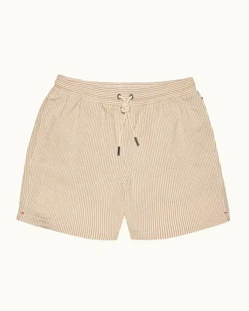 Orlebar Brown Boxer Seersuckeer Mid-length Relaxed Fit Seersucker Stripe Drawcord Swim Shorts - Walnut