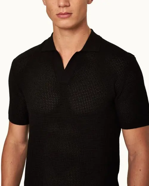 Orlebar Brown Roddy Tailored Fit Open Mesh Stitch Polo Shirt - Black