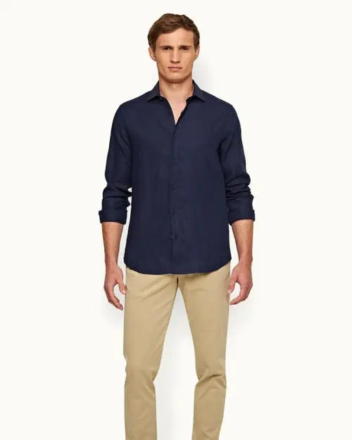 Orlebar Brown Giles Linen Cutaway Collar Tailored Fit Linen Shirt - Navy