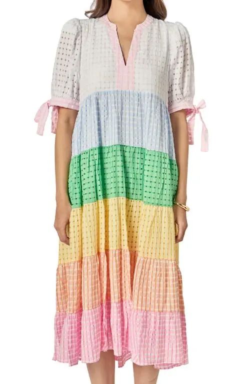 English Factory Striped Midi Dress With Puff Sleeves