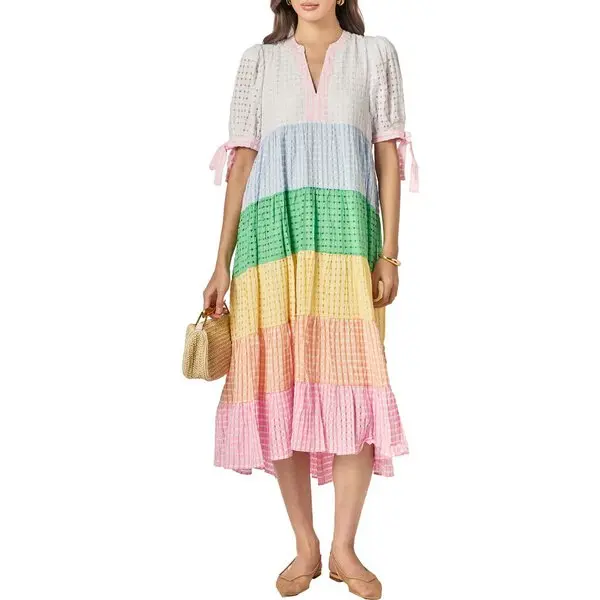 English Factory Striped Midi Dress With Puff Sleeves - Multi