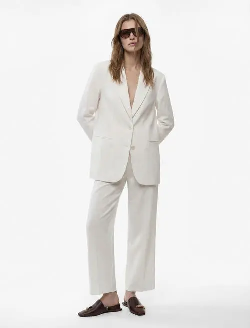 Koton Mid Rise Linen Blend Wide Leg Trousers - White