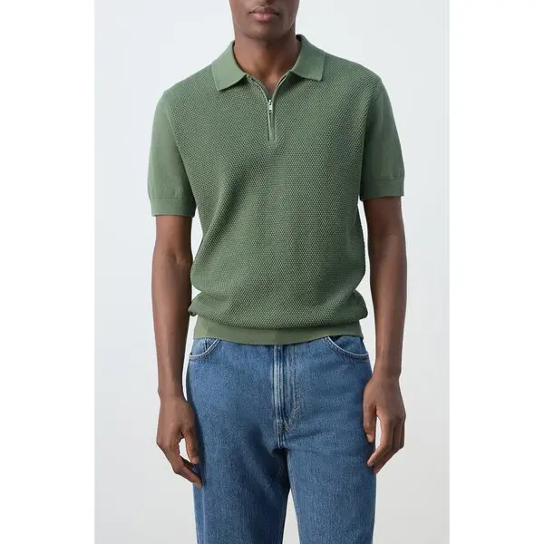 Mango Solid Cotton Waffle Zip Polo Sweater - Green