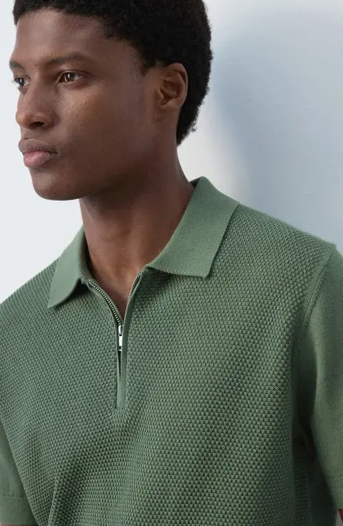 Mango Solid Cotton Waffle Zip Polo Sweater - Green