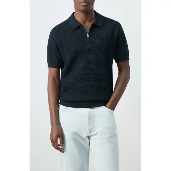 Mango Solid Cotton Waffle Zip Polo Sweater - Navy