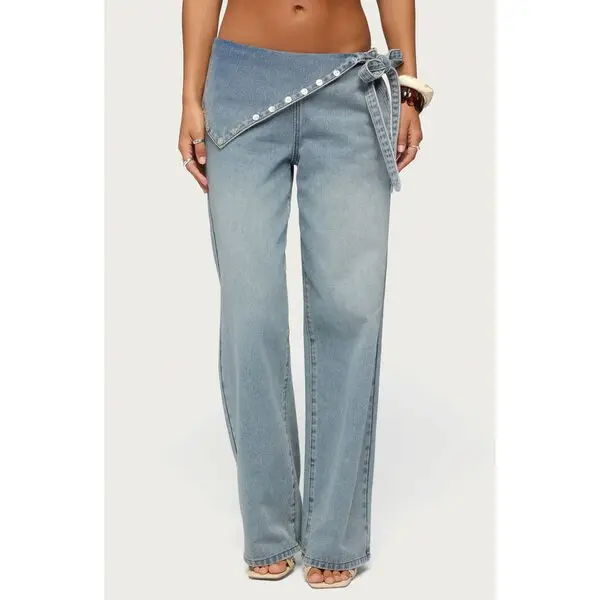 EDIKTED Stud Foldover Wide Leg Jeans