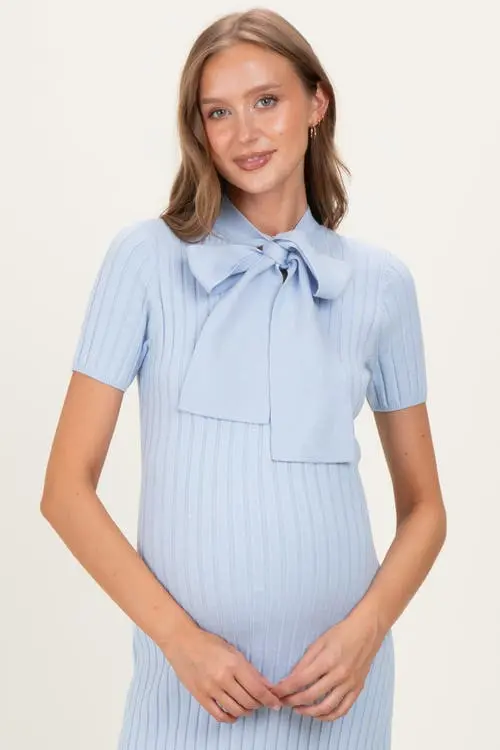 PINKBLUSH Ribbed Knit Midi Dress With Tie Neck