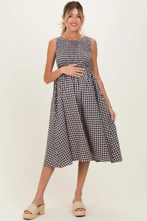 PINKBLUSH Gingham Smocked Sleeveless Midi Dress - Black