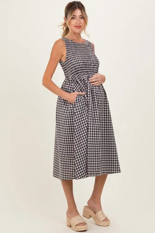 PINKBLUSH Gingham Smocked Sleeveless Midi Dress - Black
