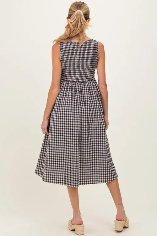 PINKBLUSH Gingham Smocked Sleeveless Midi Dress - Black