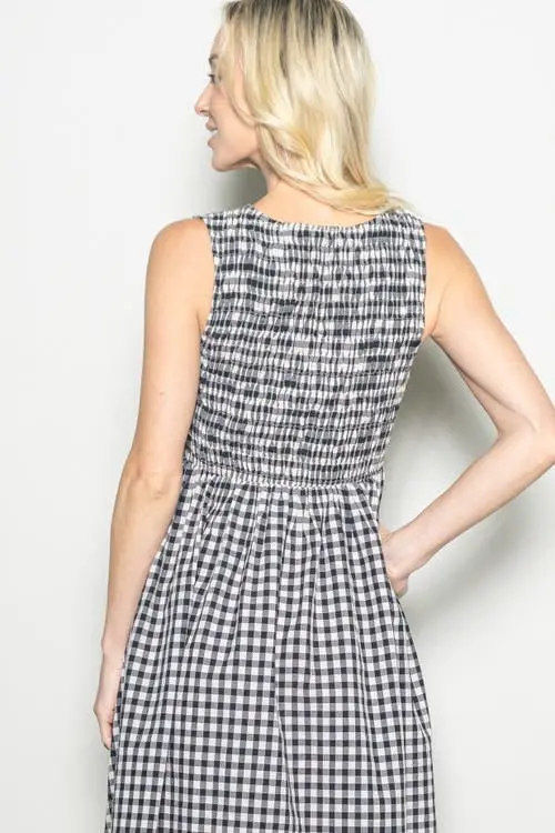 PINKBLUSH Gingham Smocked Sleeveless Midi Dress - Black