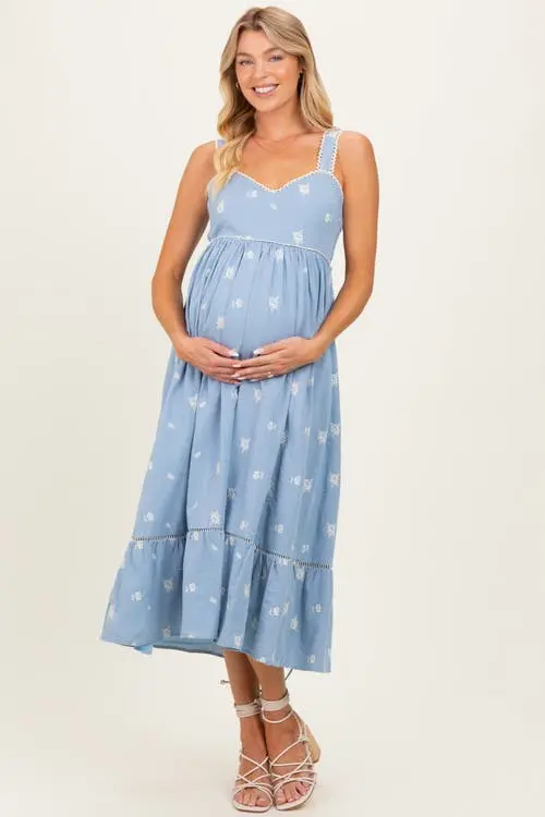 PINKBLUSH Vintage Floral Smocked V-neck Maternity Maxi Dress