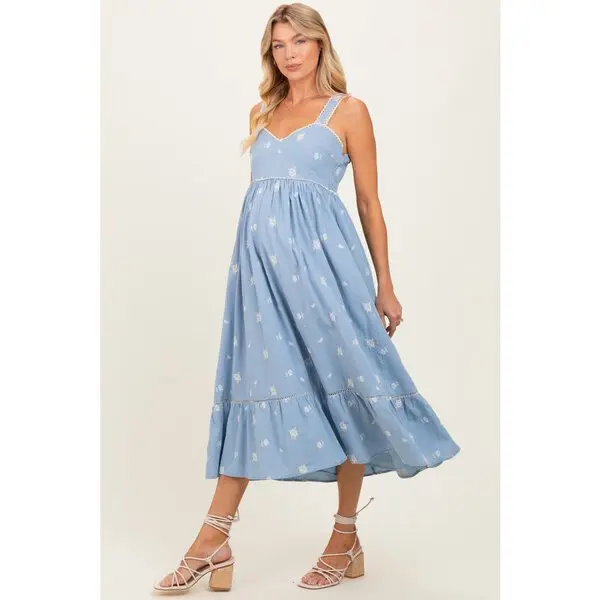 PINKBLUSH Vintage Floral Smocked V-neck Maternity Maxi Dress - Light Blue