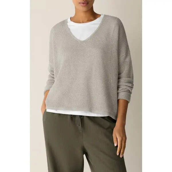 Eileen Fisher V-neck Open Knit Sweater - Chalk