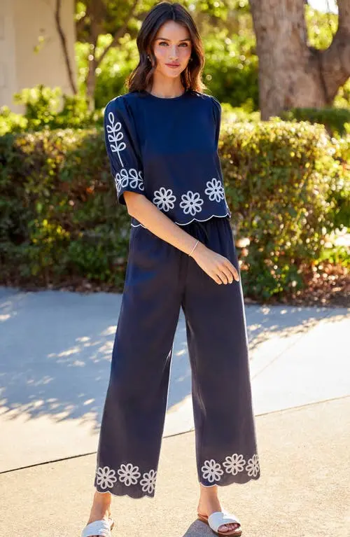 Karen Kane Embroidered Scallop Drawstring Cotton Pants