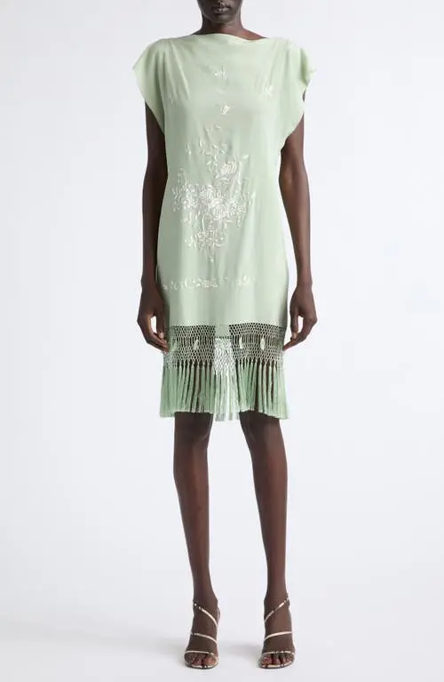 CONNER IVES Piano Shawl Floral Embroidered Fringe Silk Mini Dress - Green