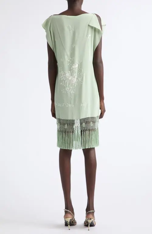 CONNER IVES Piano Shawl Floral Embroidered Fringe Silk Mini Dress