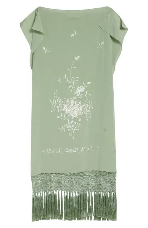 CONNER IVES Piano Shawl Floral Embroidered Fringe Silk Mini Dress