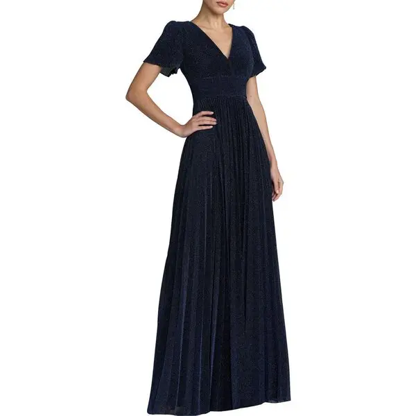 Mac Duggal Pleated Metallic Flutter Sleeve A-line Gown - Midnight