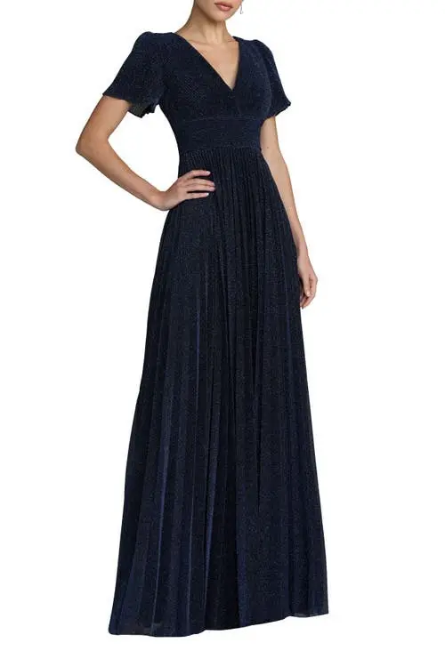 Mac Duggal Petite Pleated Metallic Flutter Sleeve A Line Gown - Midnight