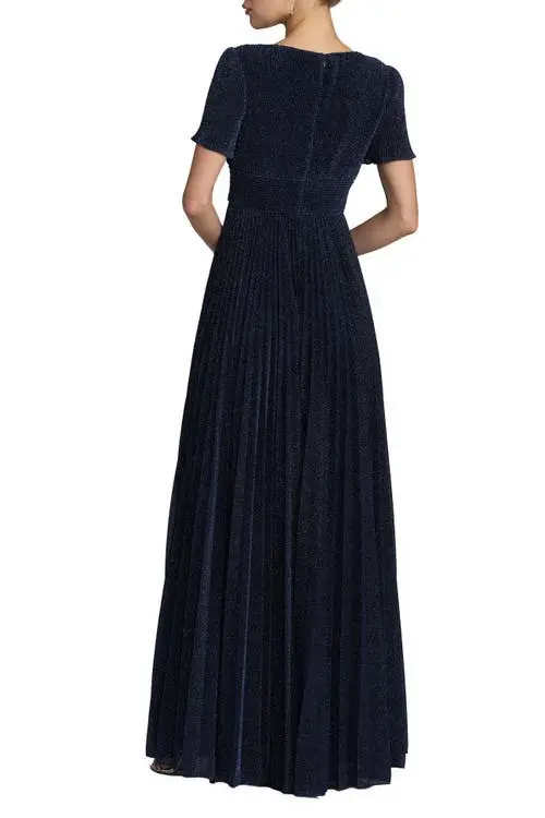 Mac Duggal Petite Pleated Metallic Flutter Sleeve A-line Gown - Midnight