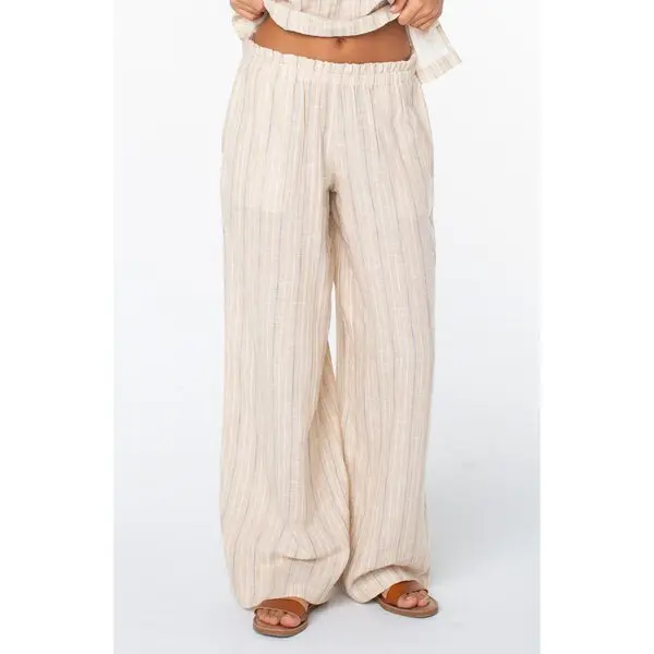 Roxy Offshore Stripe Wide Leg Cotton Pants - Doeskin