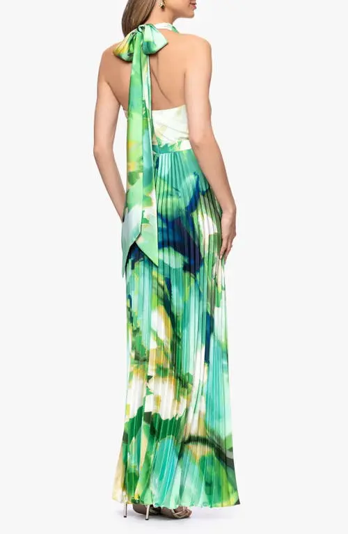Betsy & Adam Cowl Neck Print Pleated Halter Gown