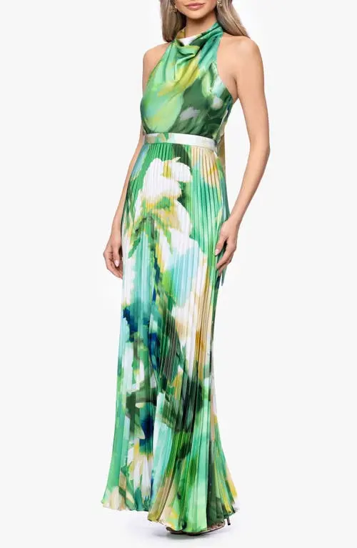 Betsy & Adam Cowl Neck Print Pleated Halter Gown