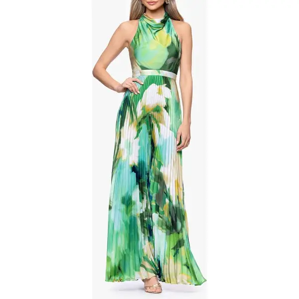 Betsy & Adam Cowl Neck Halter Gown - Green/multi