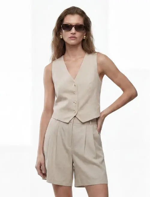 KOTON Relax Fit Pleated Linen Bermuda Shorts
