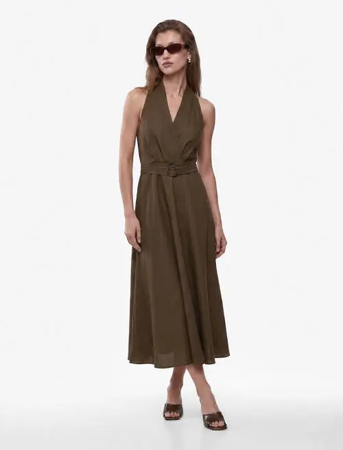 KOTON Back Detail Halter Neck Belted Midi Linen Dress