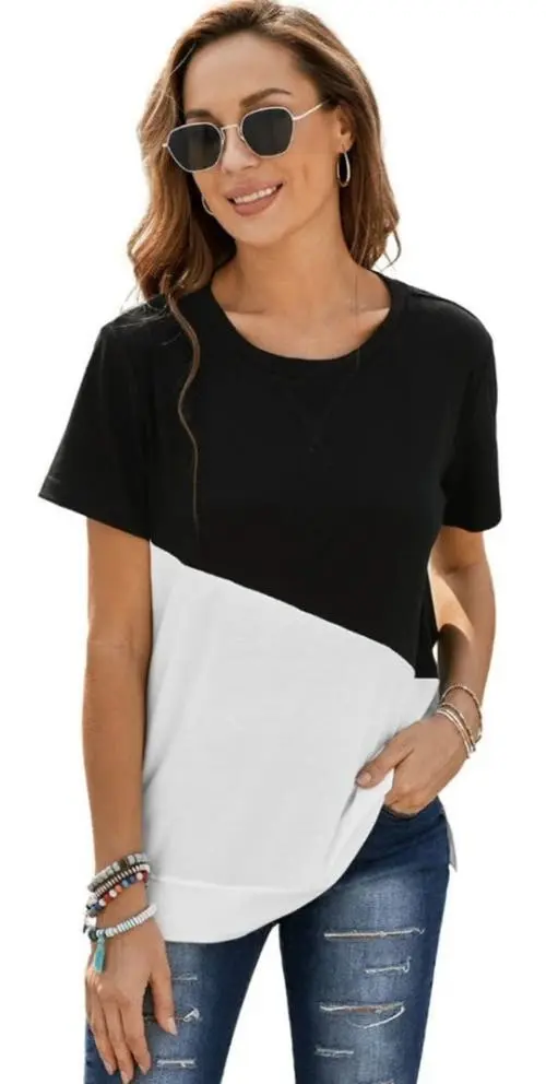ZILPU Colorblock Side-slit Relaxed Fit Tunic Tee - Black