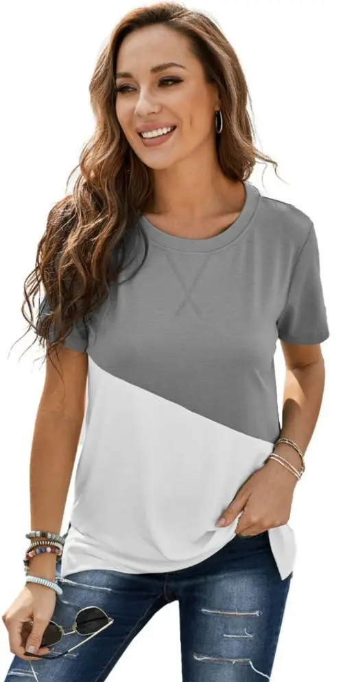 ZILPU Colorblock Side-slit Relaxed Fit Tunic Tee - Gray