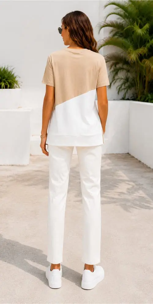 ZILPU Colorblock Side-slit Relaxed Fit Tunic Tee - Khaki