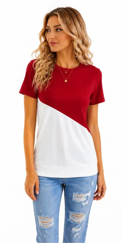 ZILPU Colorblock Side-slit Relaxed Fit Tunic Tee - Red