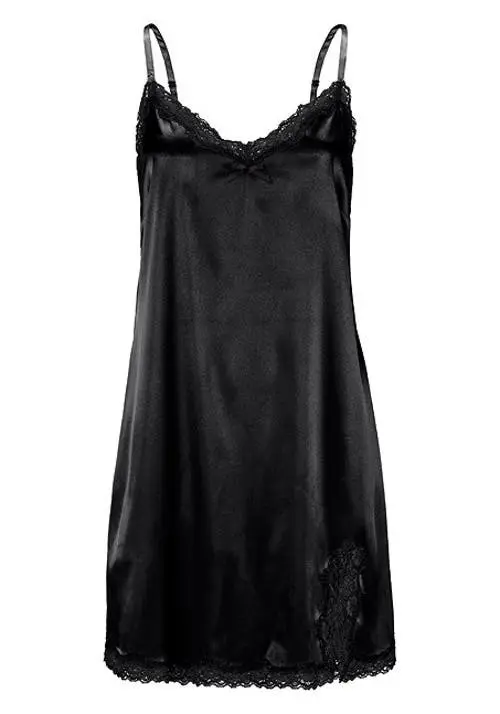 LASCANA Lace Trim Satin Nightgown - Black