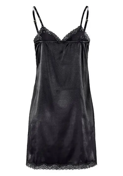 LASCANA Lace Trim Satin Nightgown - Black