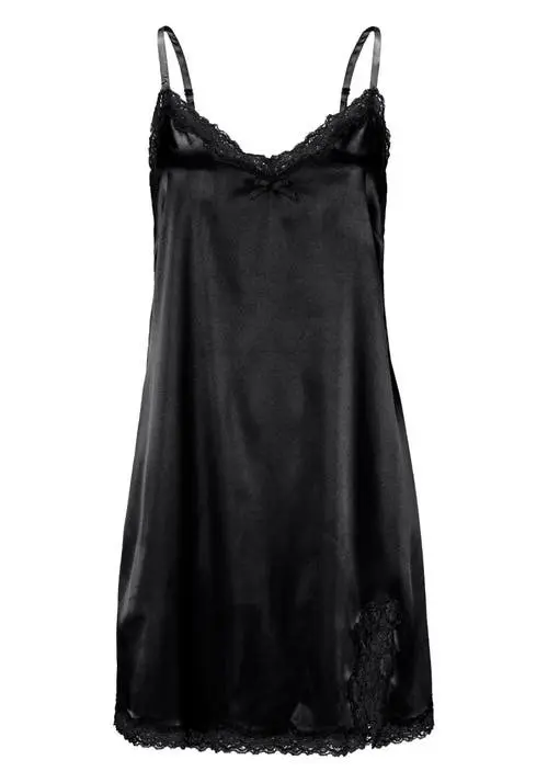 LASCANA Lace Trim Satin Nightgown - Black
